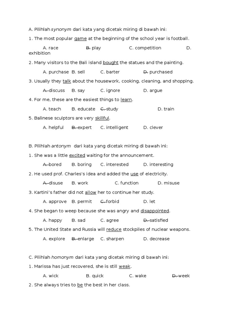 Latihan Sinonim Antonim Hiponim Homonim | PDF