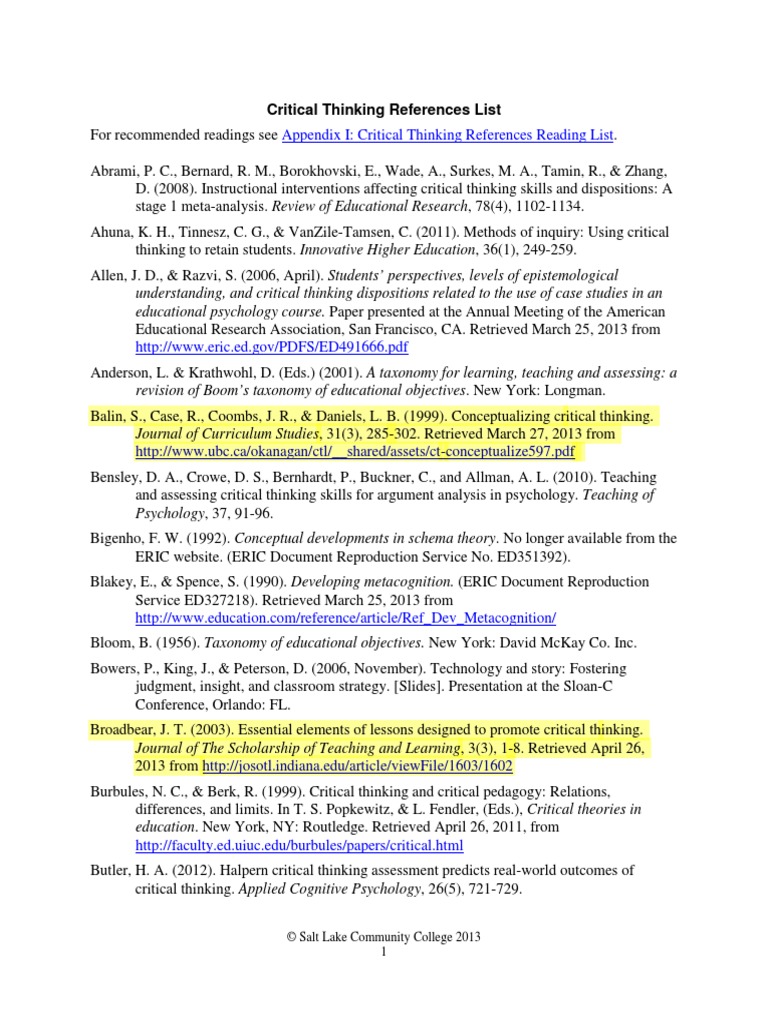 Critical Thinking References List PDF | PDF | Critical Thinking ...