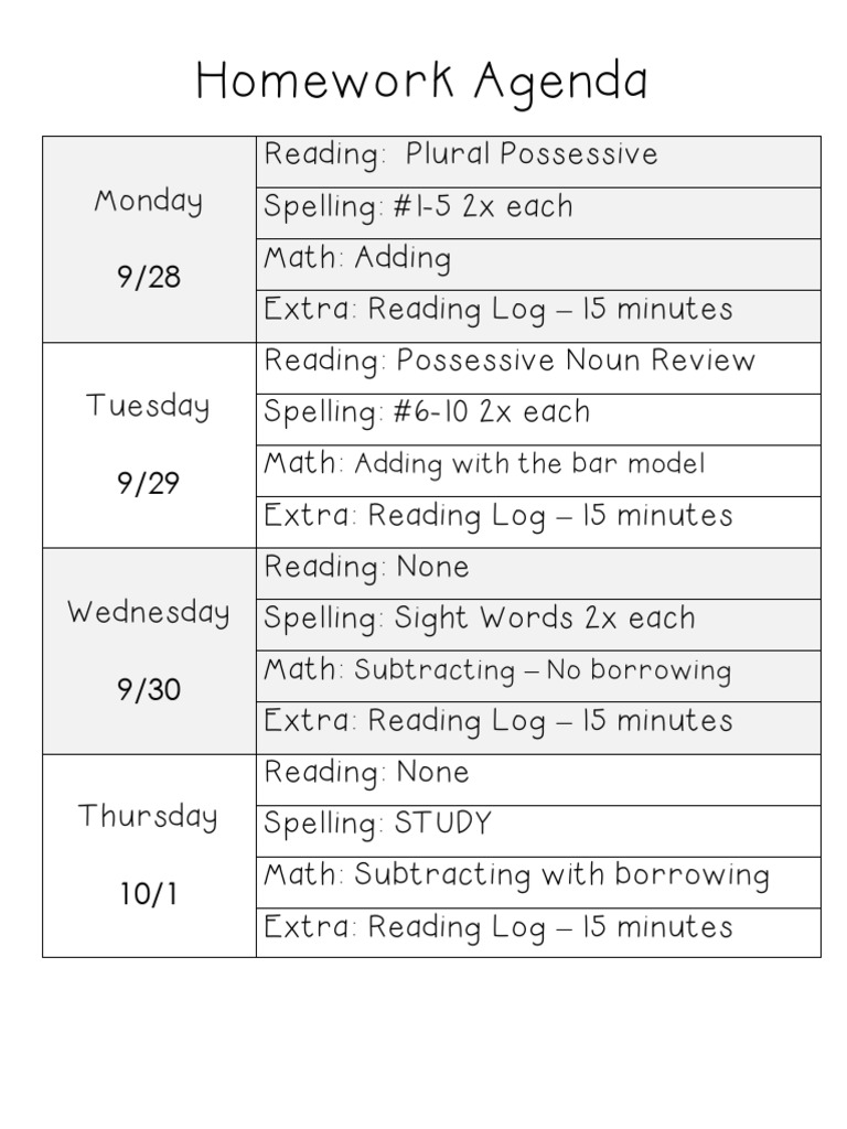 Weekly Homework Schedule | PDF
