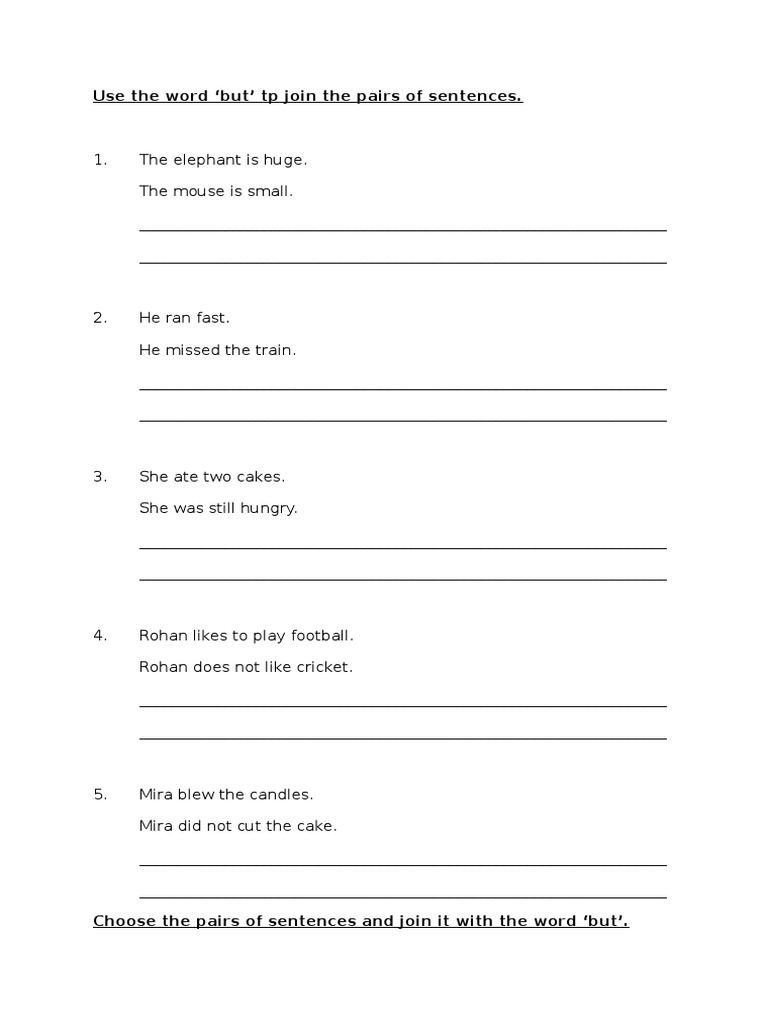 Joining Sentences with 'But' Worksheets | PDF | Language Arts & Discipline