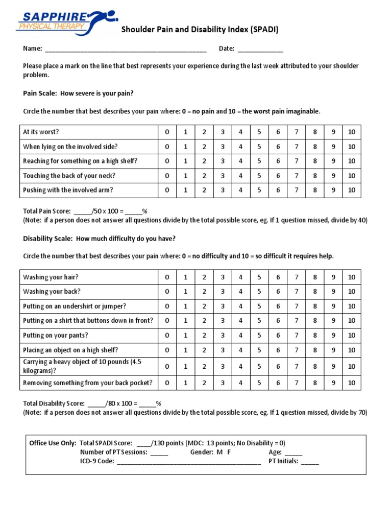 Shoulder Pain and Disability Index (SPADI) | PDF | Cognition | Clinical ...