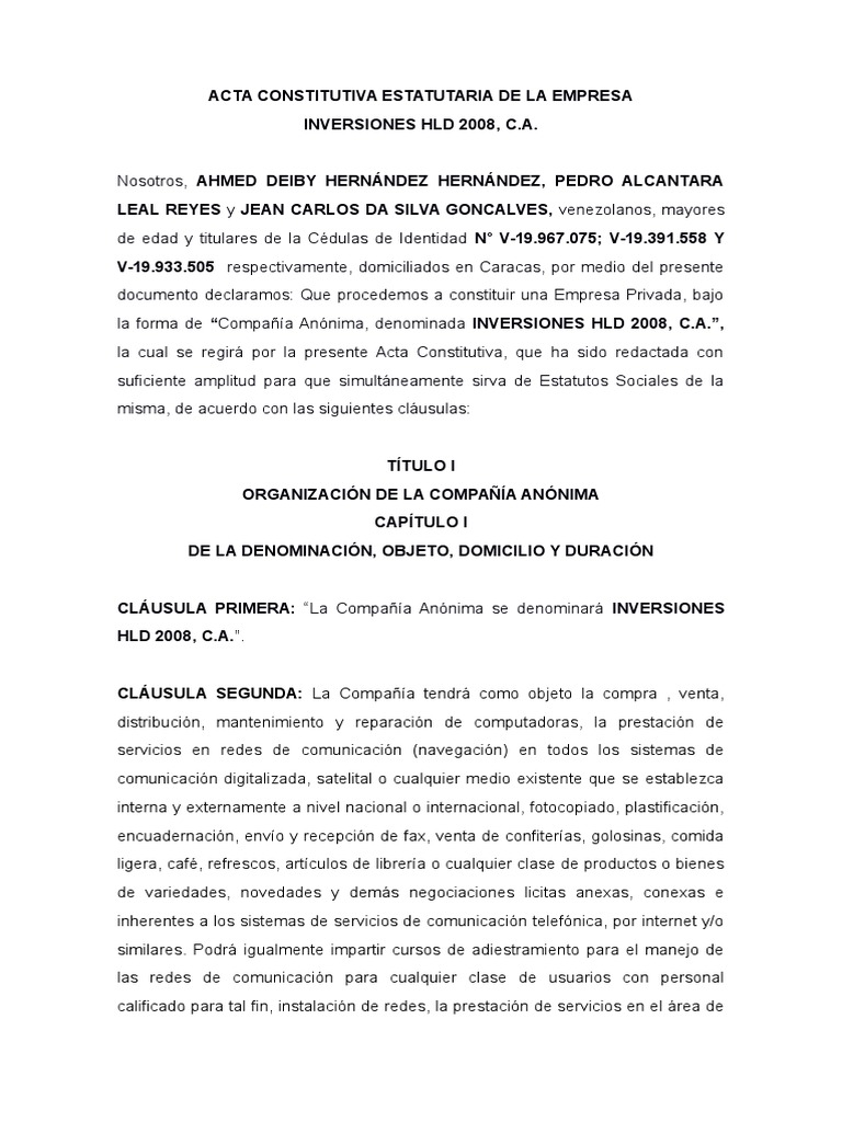 Acta Constitutiva de Compañia Anonima | PDF | Compartir (Finanzas) | Bancos