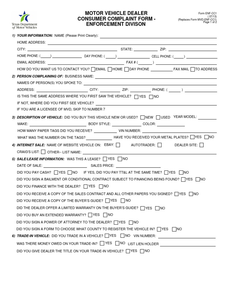 Consumer Complaint Form - Enforcement Divison Motor Vehicle Dealer ...