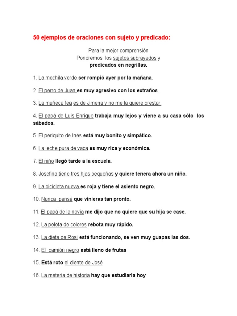 50 Ejemplos de Oraciones Con Sujeto y Predicado