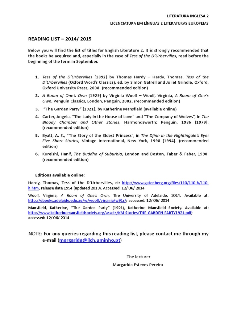 English Literature 2 Reading List 2014-2015 | PDF
