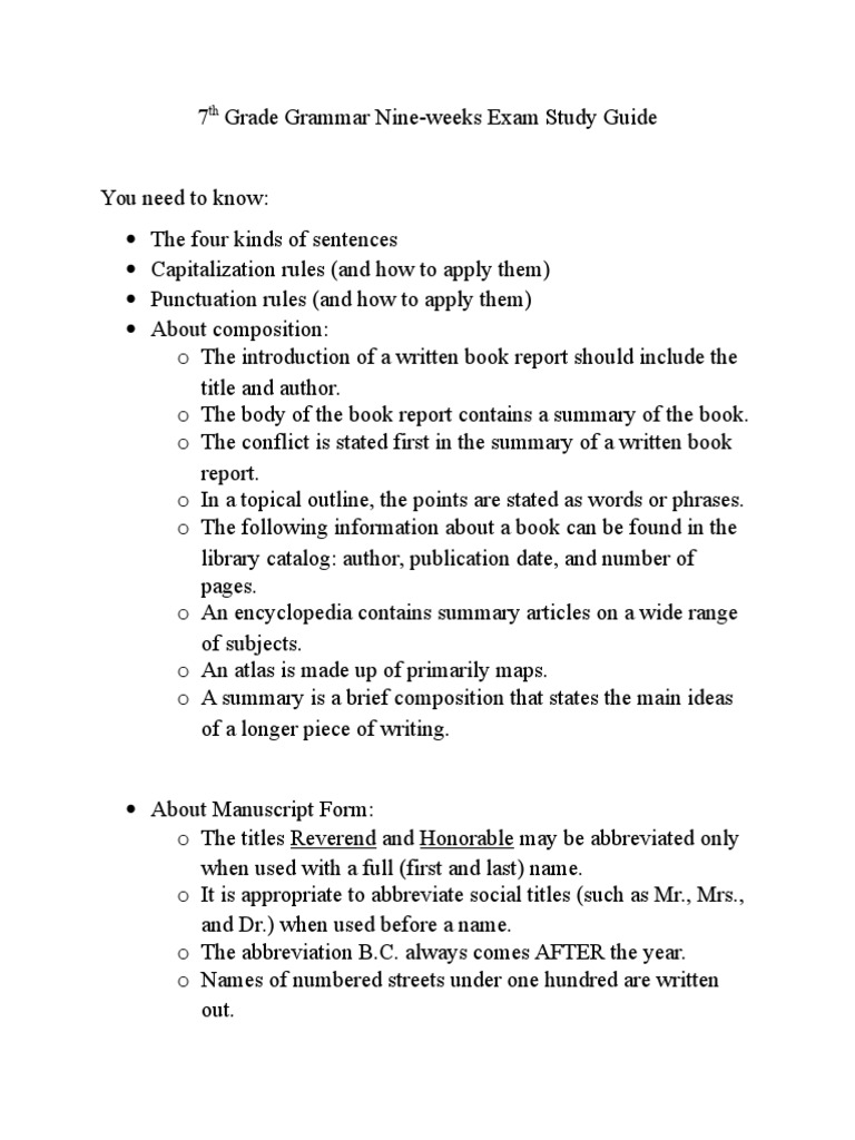 7th Grade Grammar Nine-Weeks Exam Study Guide | PDF