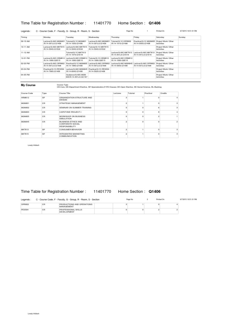 Time Table For Registration Number: 11401770 Home Section | PDF ...