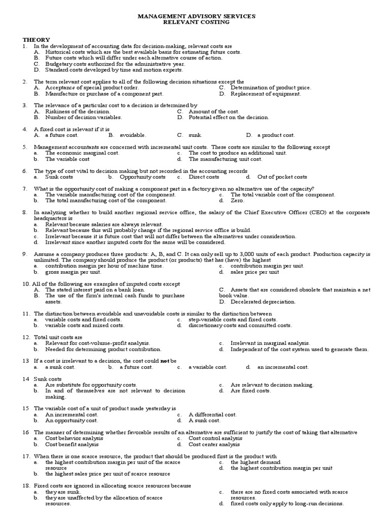 Relevant Costing MAS Review | PDF | Depreciation | Cost