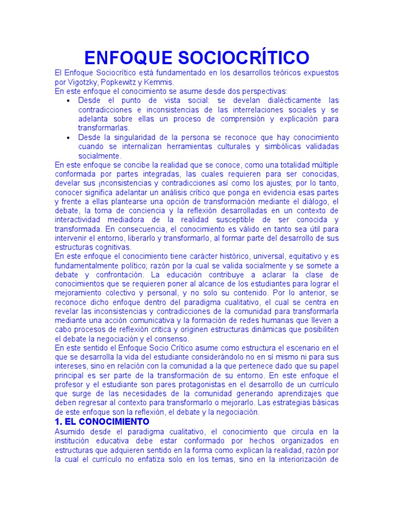 Enfoque Sociocrítico | PDF | Aprendizaje | Conocimiento