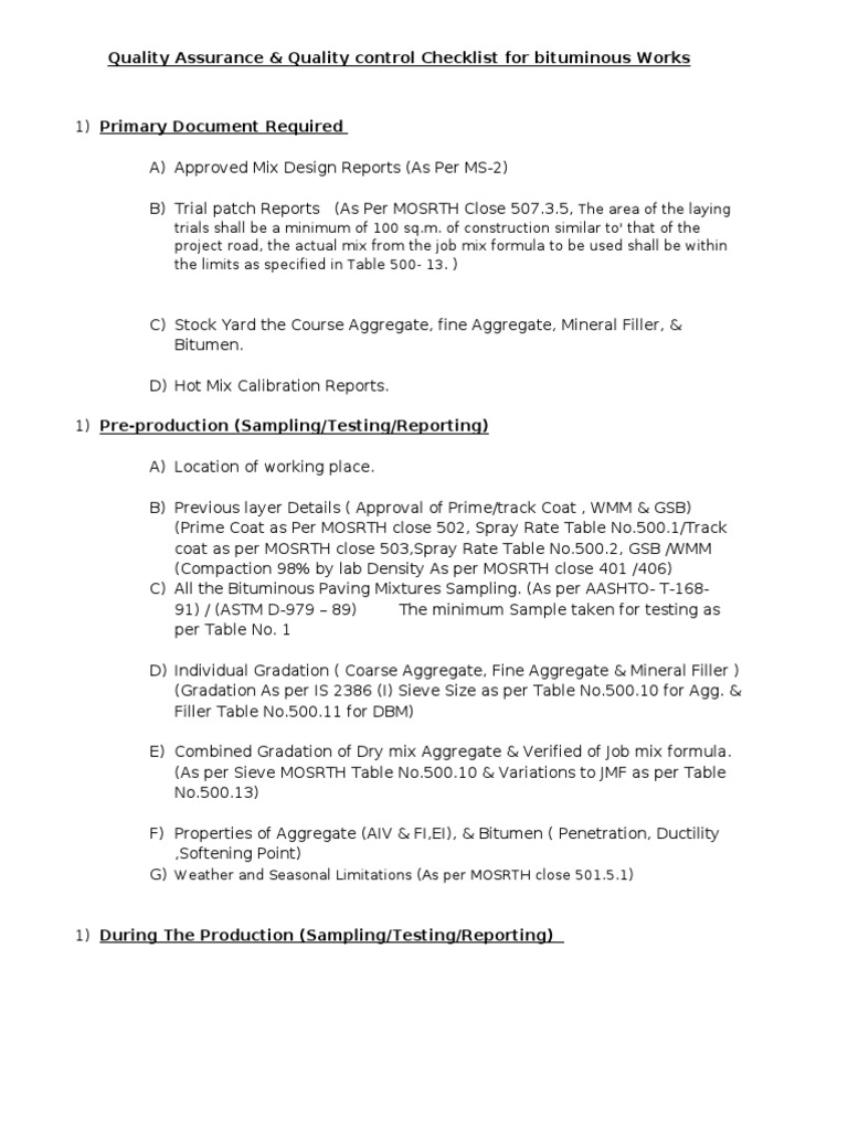 Bituminous Works QA/QC Checklist | PDF | Road | Soil