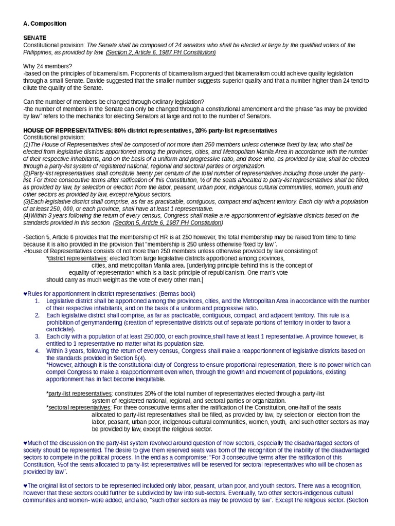 Constitutional Law Legislative Department Notes | PDF | Apportionment ...