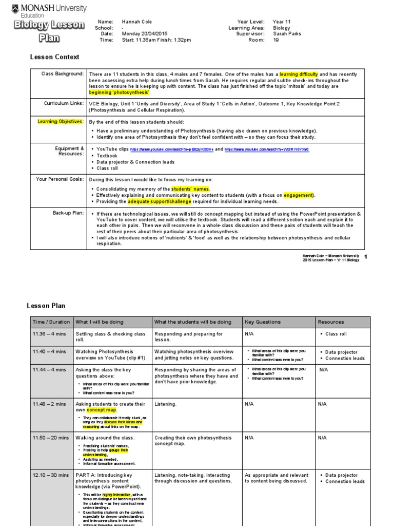 Year 11 Biology Photosynthesis Lesson Plan | PDF | Lesson Plan ...