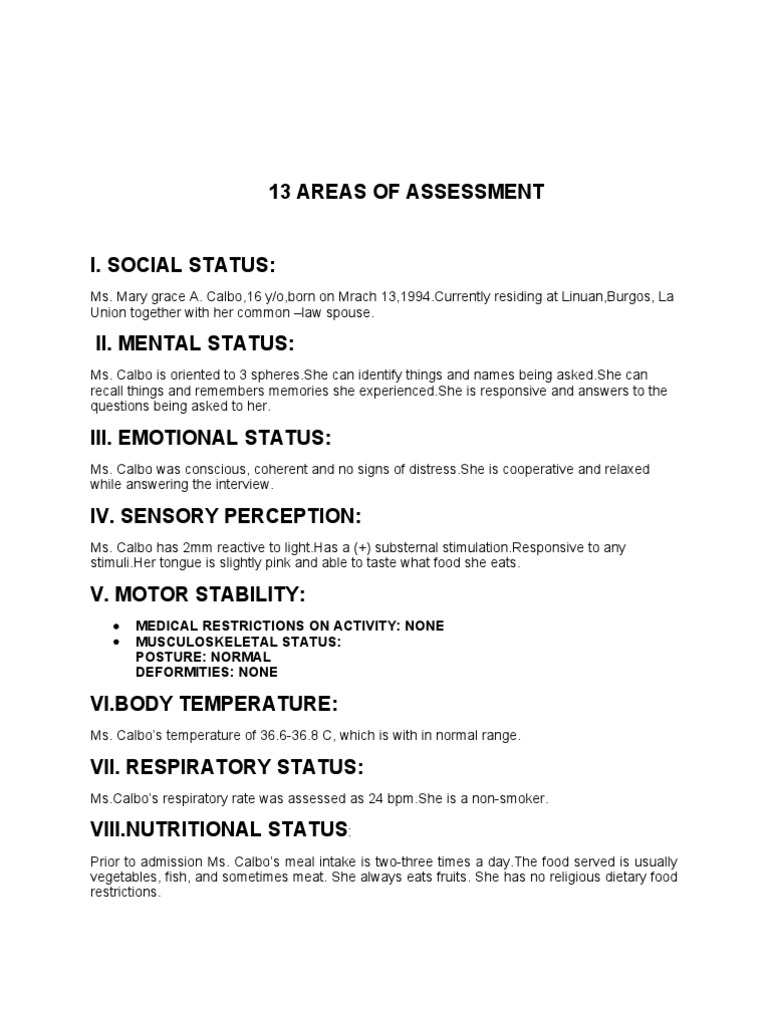 13 Areas of Assessment | PDF | Nervous System | Cognitive Science