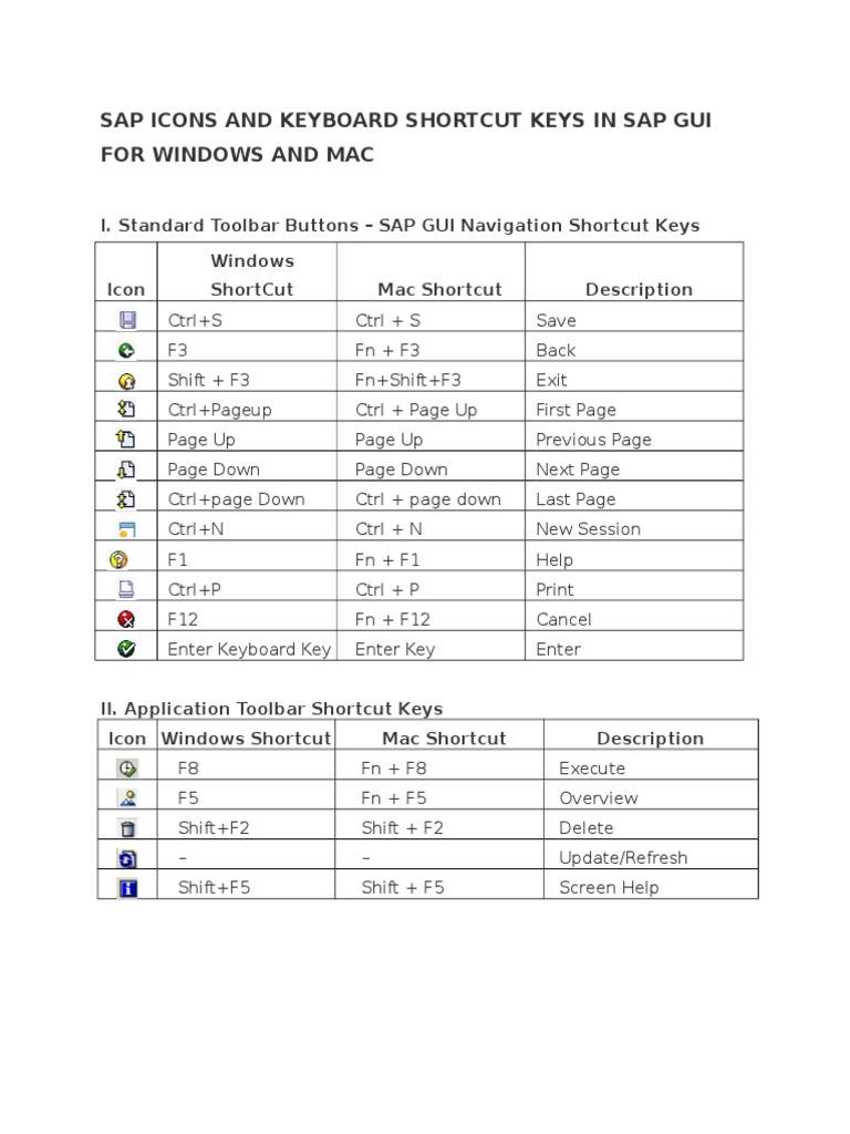 Sap Icons and Keyboard Shortcut Keys in Sap Gui | PDF