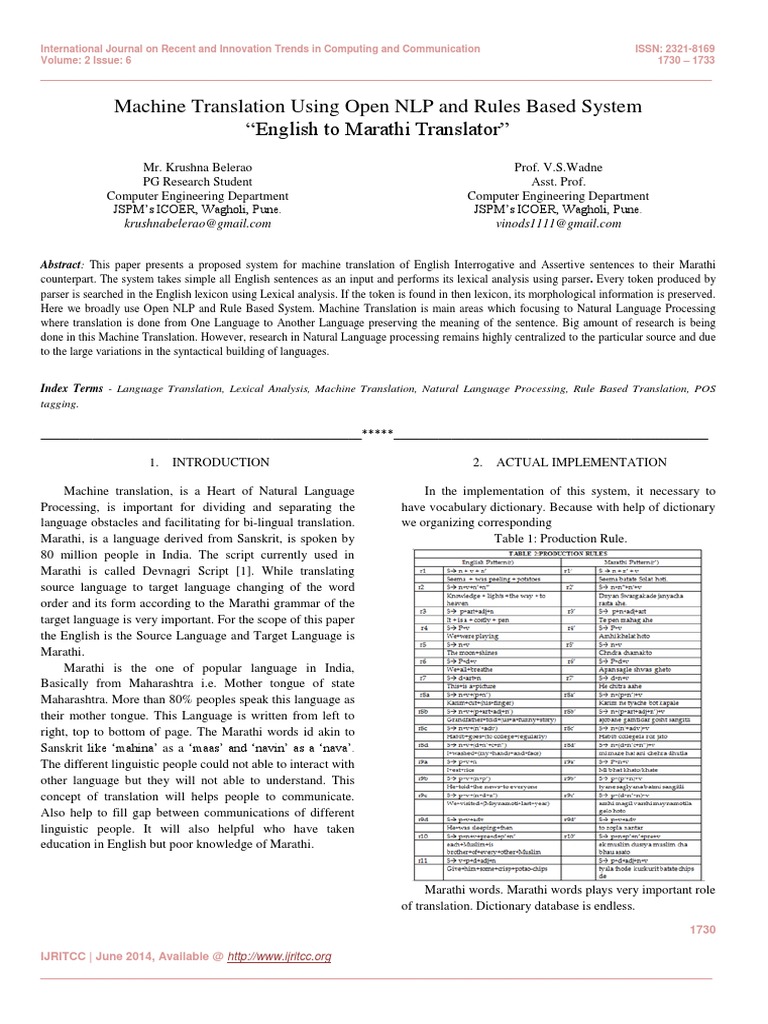 Machine Translation Using Open NLP and Rules Based System English To ...
