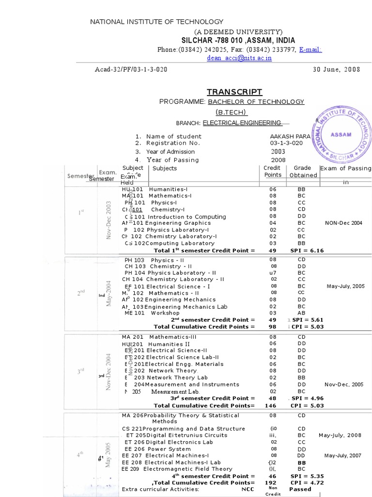 NIT Silchar transcript for electrical engineering graduate | PDF ...