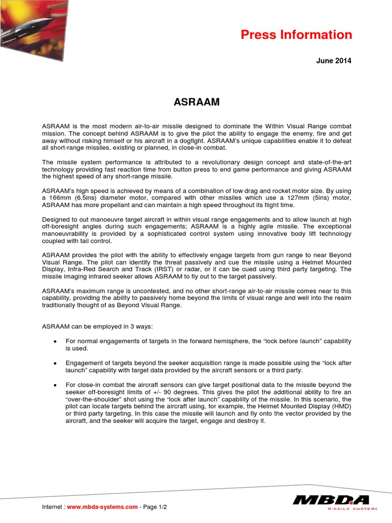 ASRAAM Background | PDF | Missile | Missile Types