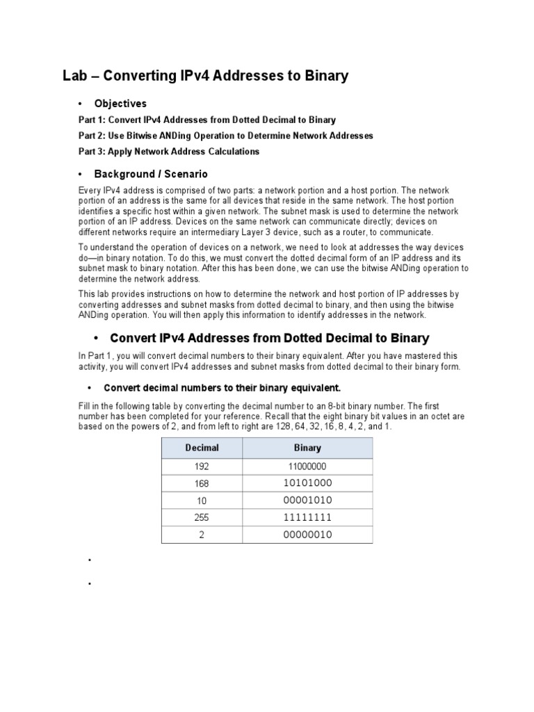 ITN801 - 8.2.1.8 - Converting IPv4 Addresses To Binary | PDF | Ip Address | Network Layer Protocols