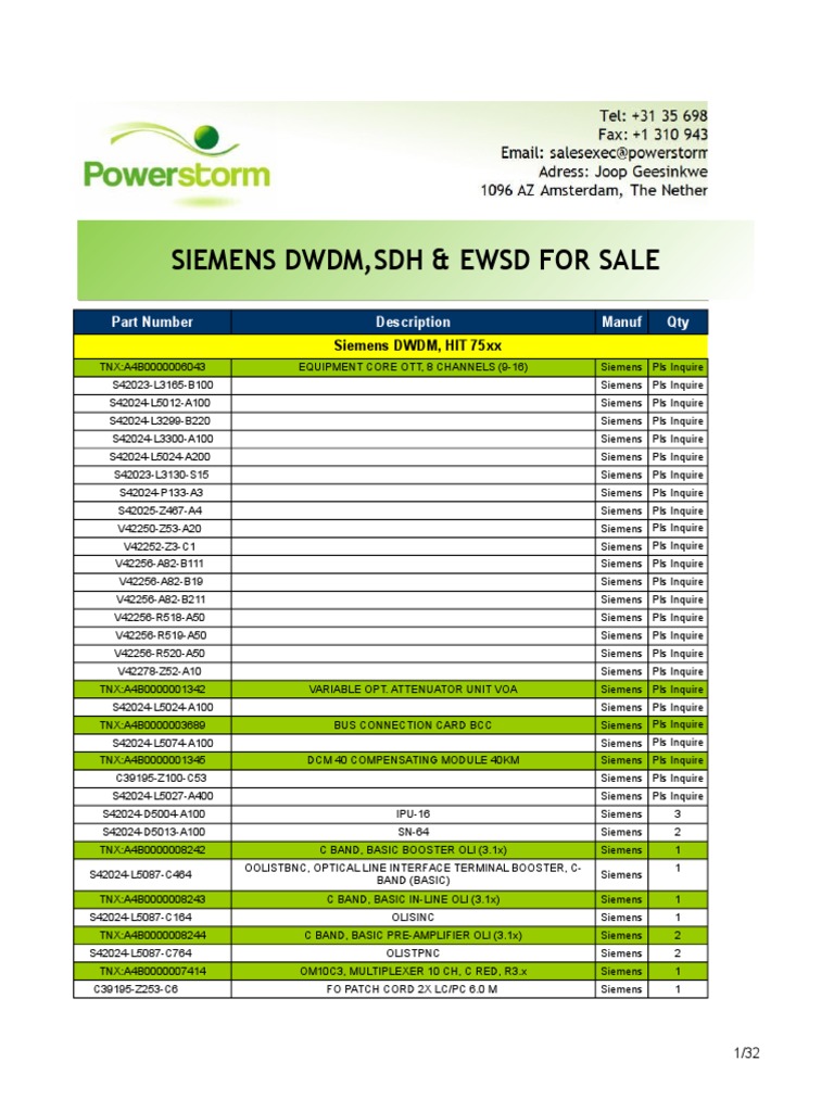 Siemens DWDM SDH&EWSD For Sale From Powerstorm 4SA09291178 | PDF ...