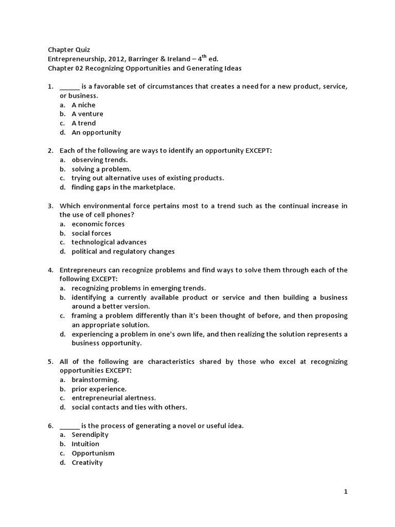 Quiz Barringer Chapter 02 | PDF | Focus Group | Entrepreneurship