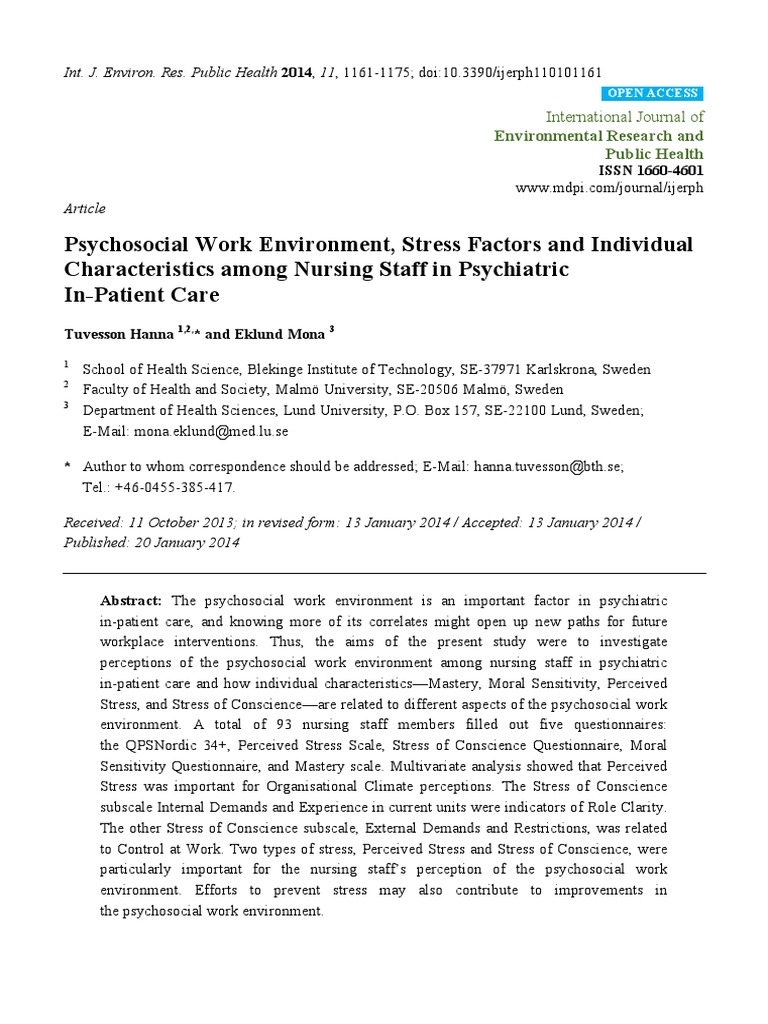 Psychosocial Work Environment, Stress Factors and Individual ...