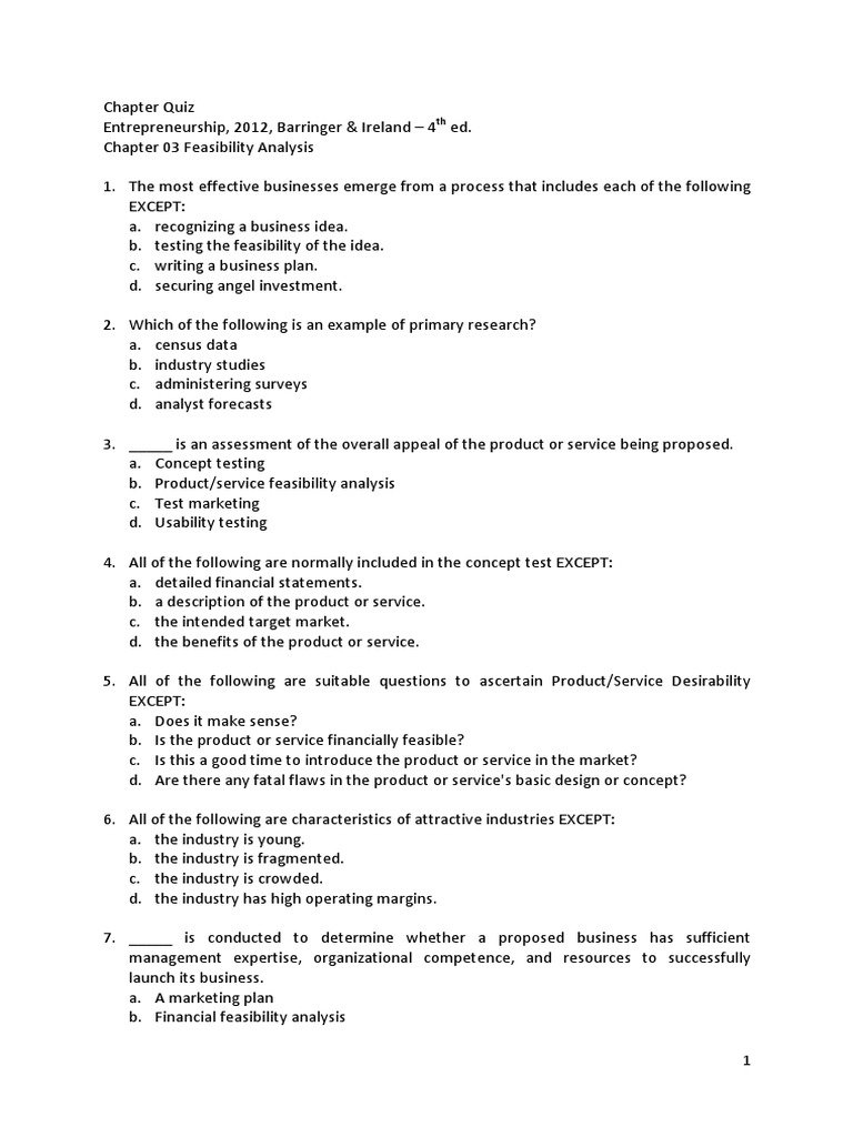Quiz Barringer Chapter 03 | PDF | Feasibility Study | Entrepreneurship