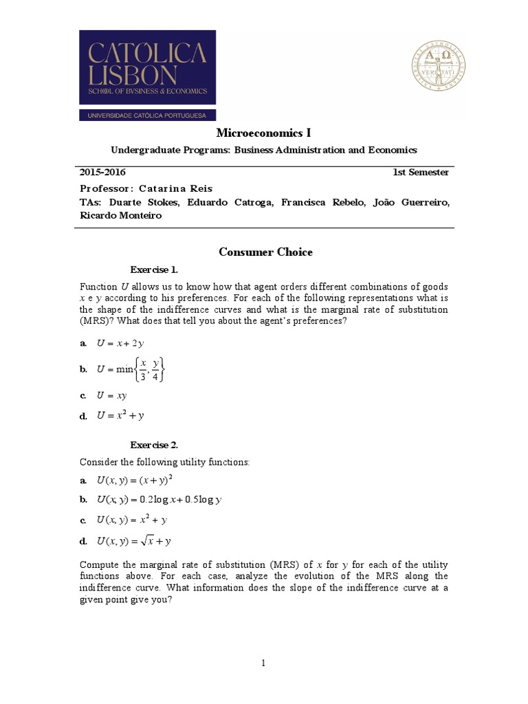 Microeconomics Exercises Pdf Utility Demand