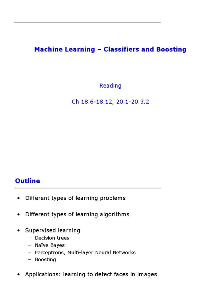 Machine Learning - Classifiers and Boosting: Reading CH 18.6-18.12, 20.1-20.3.2 | PDF | Support ...