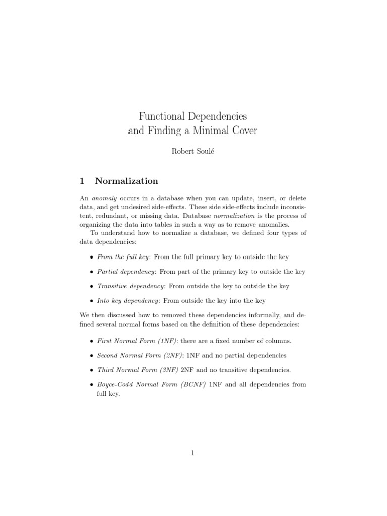 Functional Dependencies and Finding A Minimal Cover: 1 Normalization | PDF | Data Model | Data ...