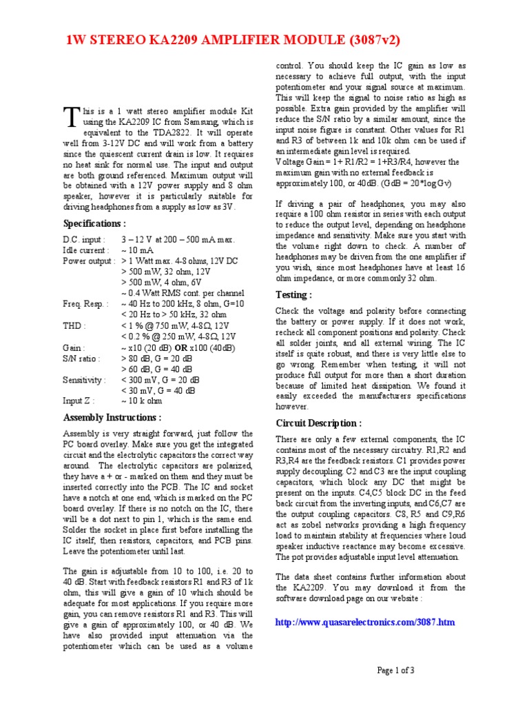 1W STEREO KA2209 AMPLIFIER MODULE (3087v2).pdf | Amplifier | Resistor