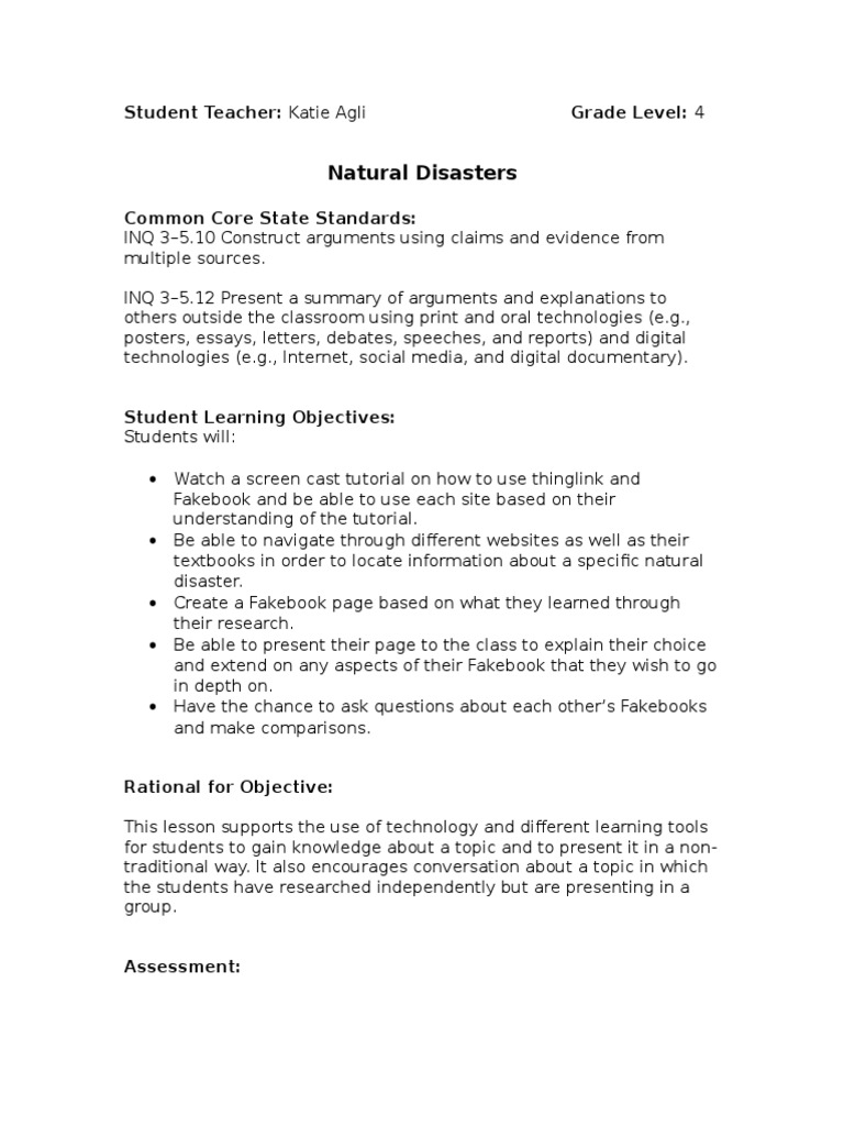 Natural Disasters Lesson Plan | PDF | Educational Assessment | Lesson Plan