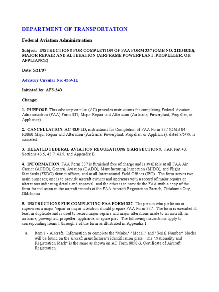 Ac 43.9-1e, Instructions For Completion of Faa Form 337 (Omb No (1 ...