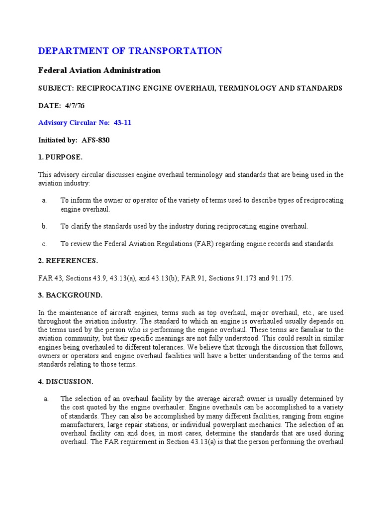 Ac 43-11, Reciprocating Engine Overhaul, Terminology and Standards ...