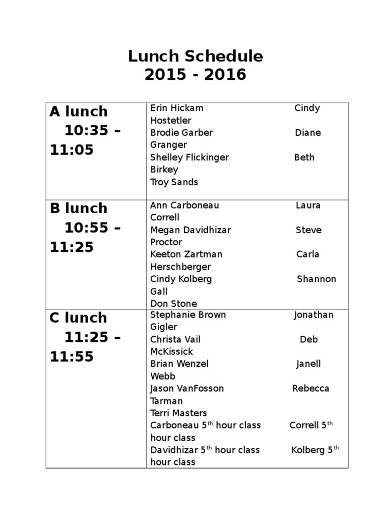 Staff Lunch Schedule | PDF