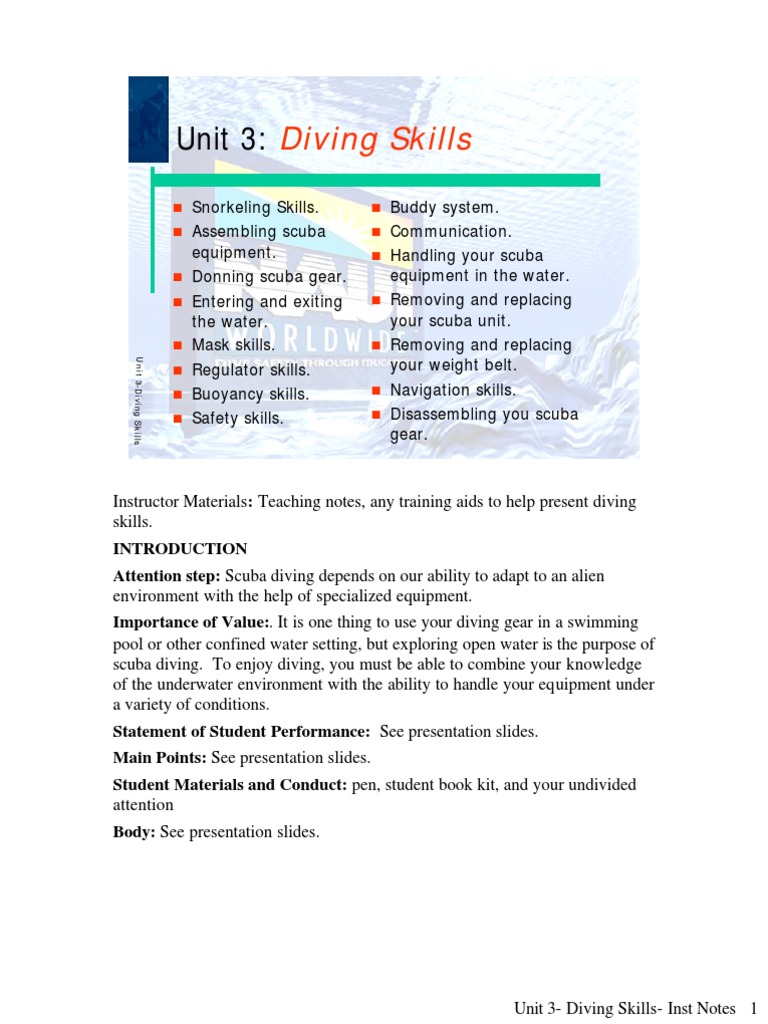 Introduction To Scuba Diving Unit 3 - Diving Skills | PDF
