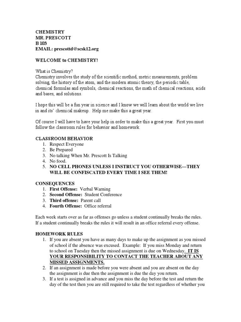 Chemistry Class Guidelines and Overview | PDF | Homework | Chemistry