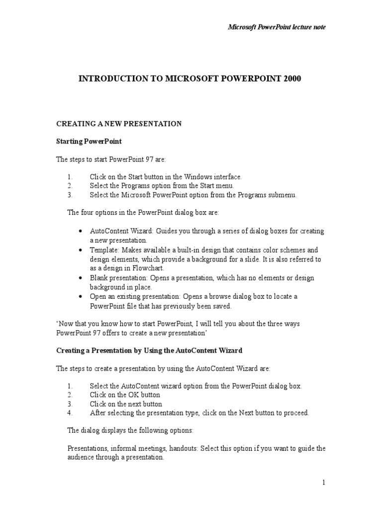 Introduction To Microsoft Powerpoint 2000: Creating A New Presentation ...