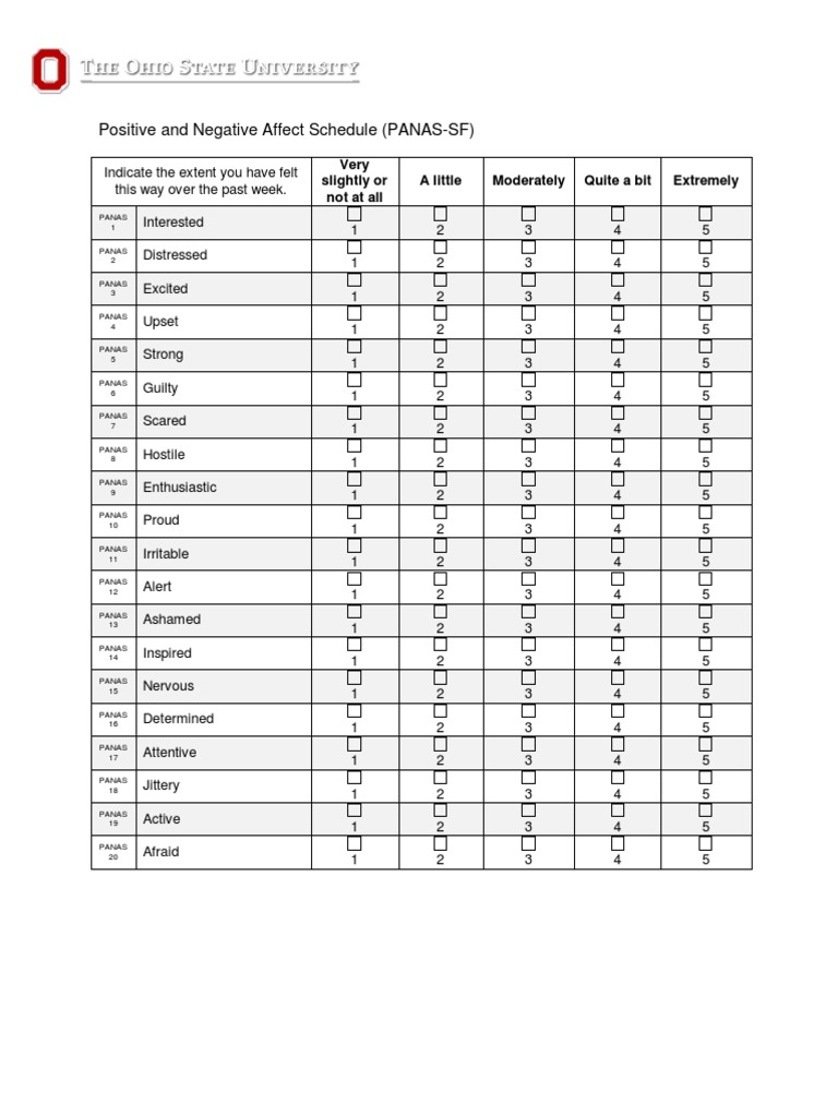 Positive and Negative Affect Schedule (PANAS-SF) : Very Slightly or Not ...