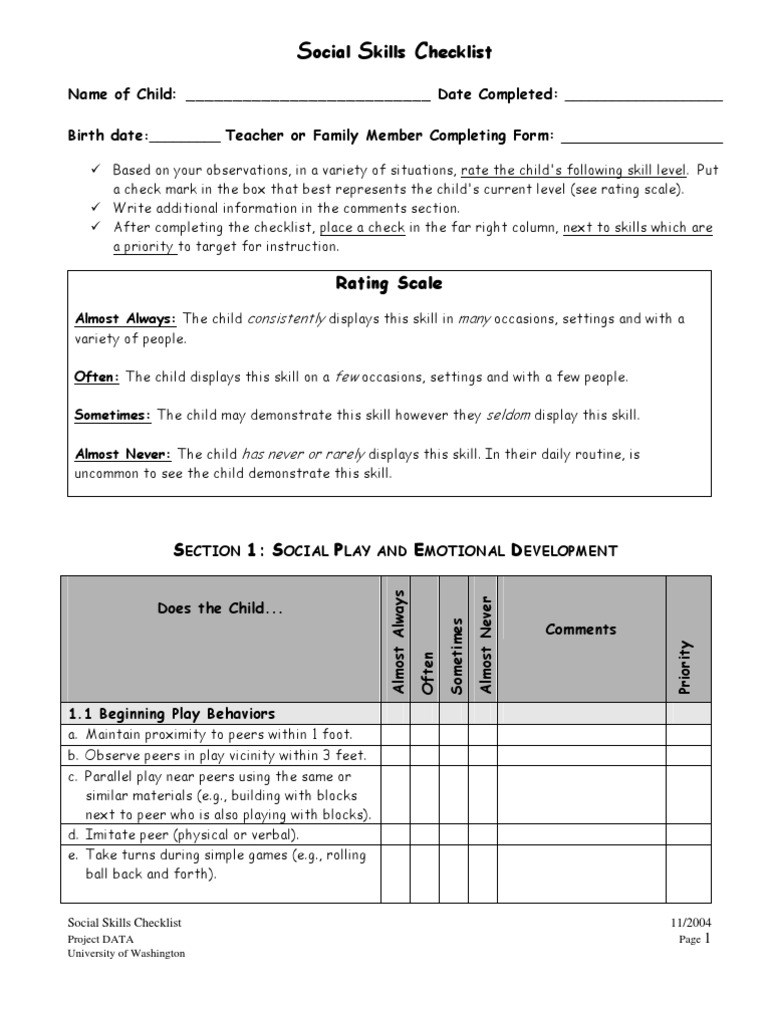 Social Skills Checklist for Children | PDF | Nonverbal Communication | Toys