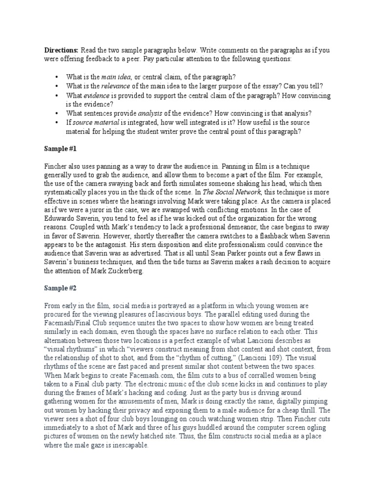 Directions: Read The Two Sample Paragraphs Below. Write Comments On The ...