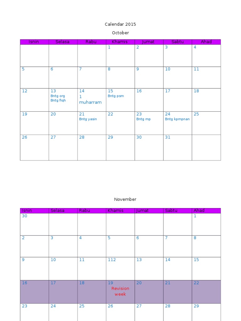 Calendar 2015 October Isnin Selasa Rabu Khamis Jumat Sabtu Ahad | PDF
