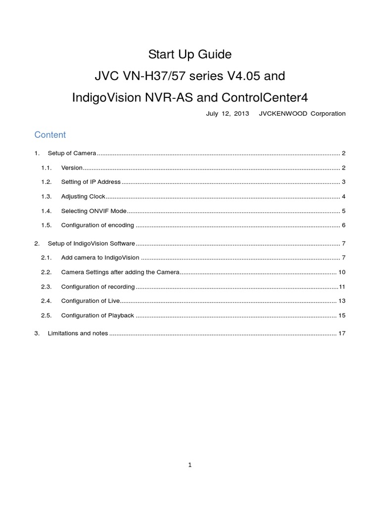 Start Up Guide JVC Vn-H37/57 Series V4.05 and Indigovision Nvr-As and ...