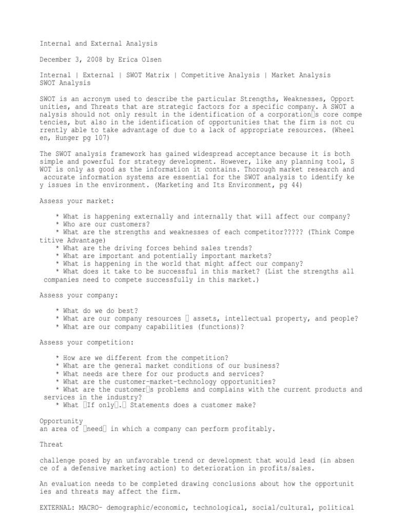 Internal and External Analysis December 3, 2008 | PDF | Swot Analysis ...