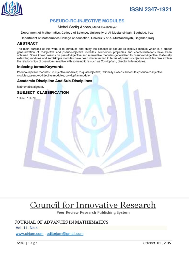 Pseudo-Rc-Injective Modules | PDF | Module (Mathematics) | Theorem