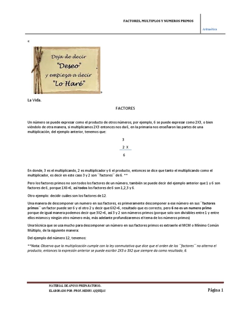 Factores, Múltiplos y Números Primos | PDF | Número primo | Multiplicación
