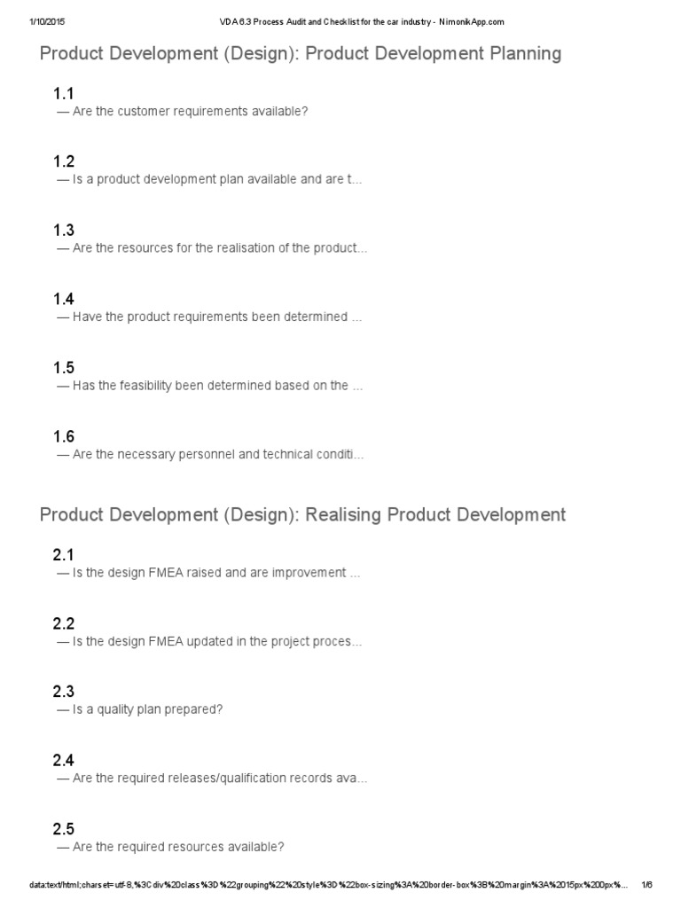 VDA 6.3 Process Audit and Checklist For The Car Industry - NimonikApp ...