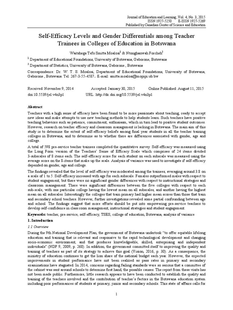 Self-Efficacy Levels and Gender Differentials Among Teacher Trainees in ...
