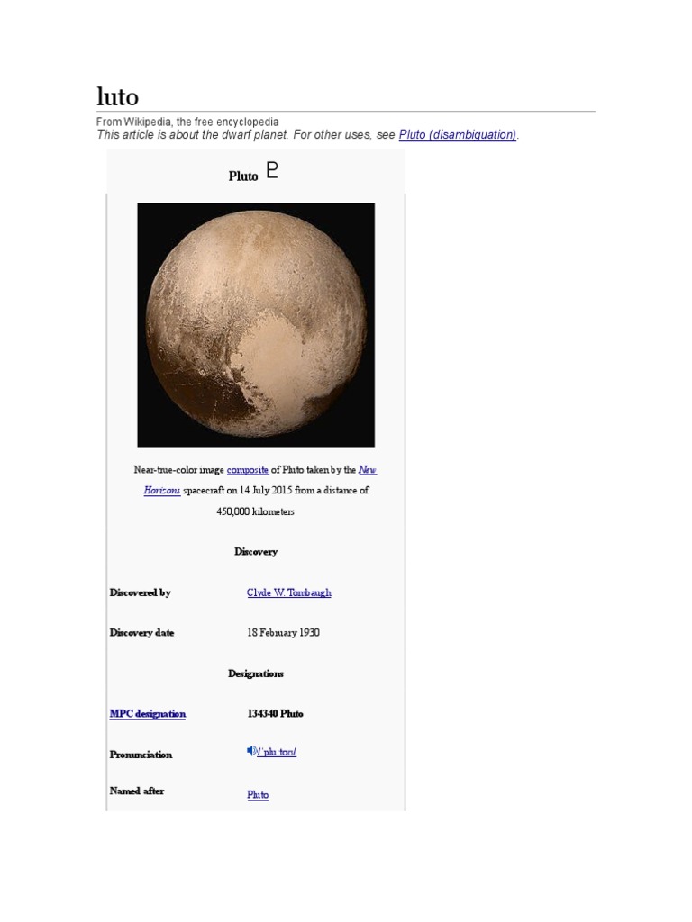 Pluto: This Article Is About The Dwarf Planet. For Other Uses, See ...