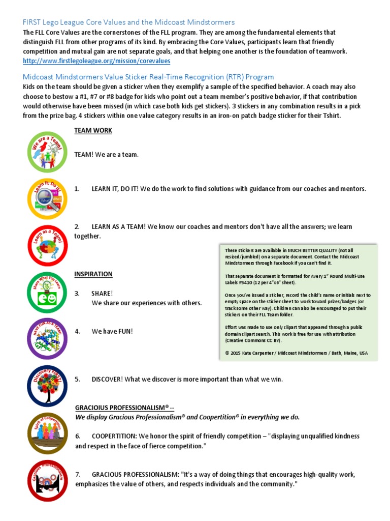 About FLL Core Values Stickers - by Midcoast Mindstormers | PDF ...