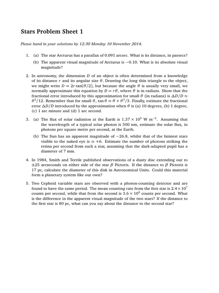 Stars and Planets 101 Problem Sheet | PDF | Stars | Astronomical Unit